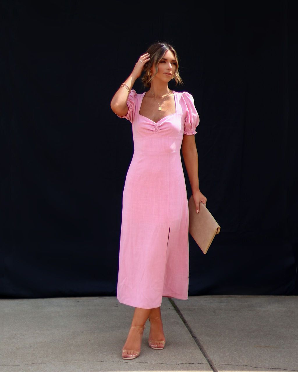 Good Grace Puff Sleeve Side Slit Midi Dress - Pink - FINAL SALE | Parallel
