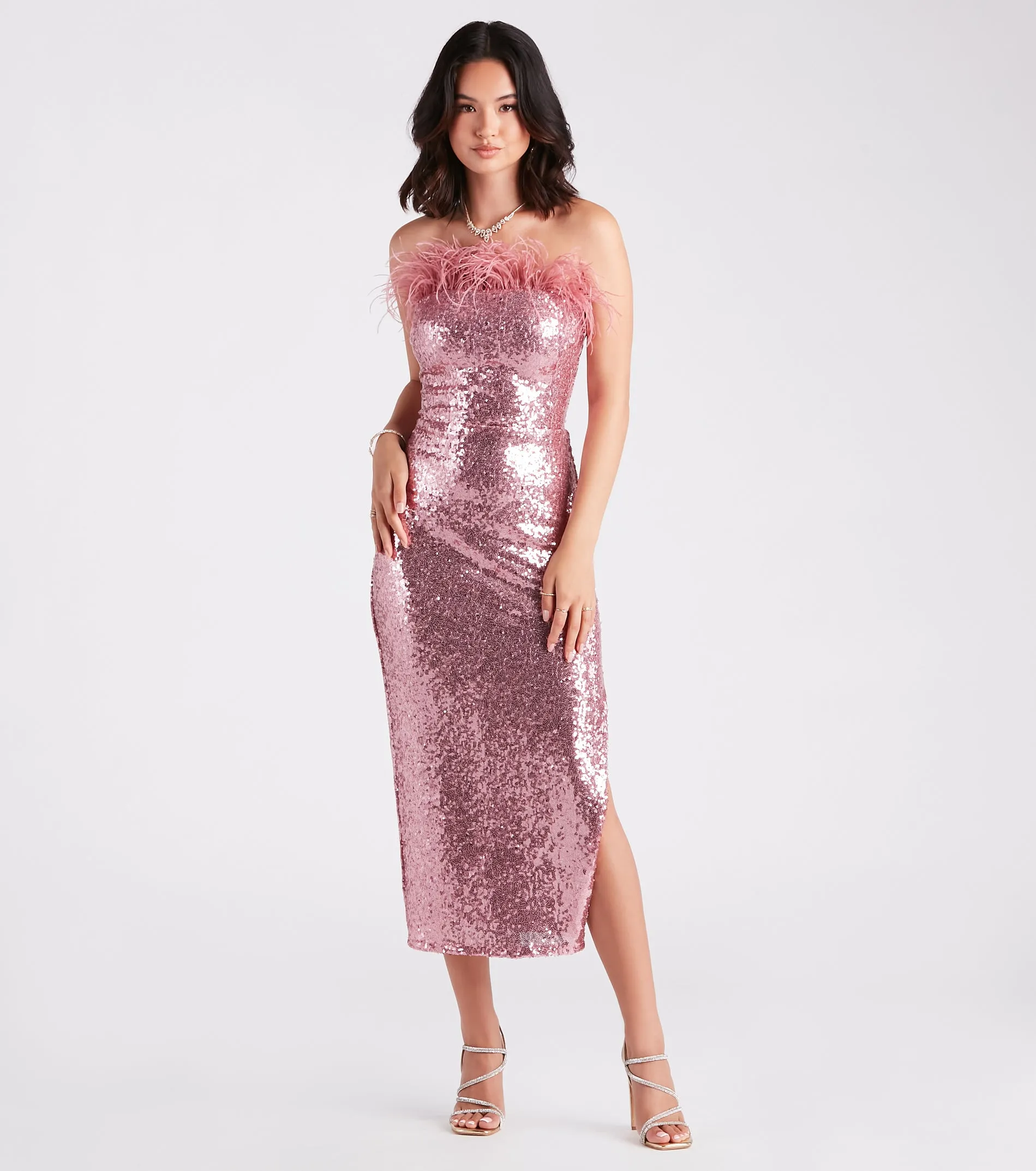 Marlin Formal Sequin Feather Midi Dress | Parallel