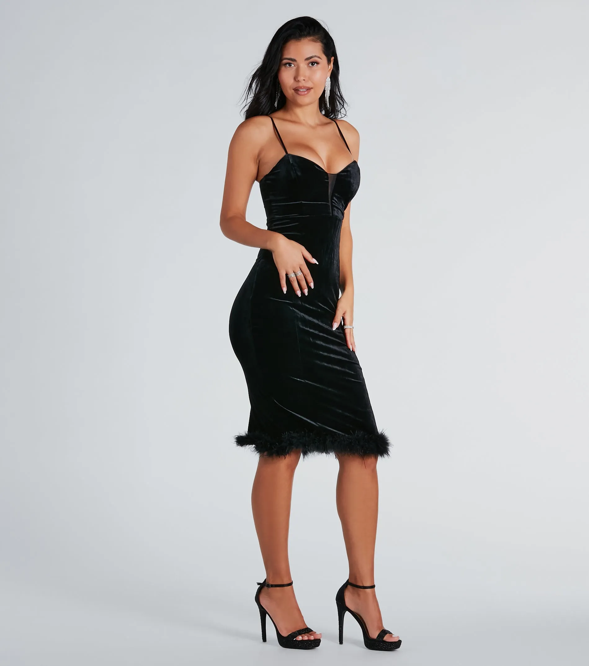 Alyssa Feather Trim Velvet Formal Midi Dress | Parallel