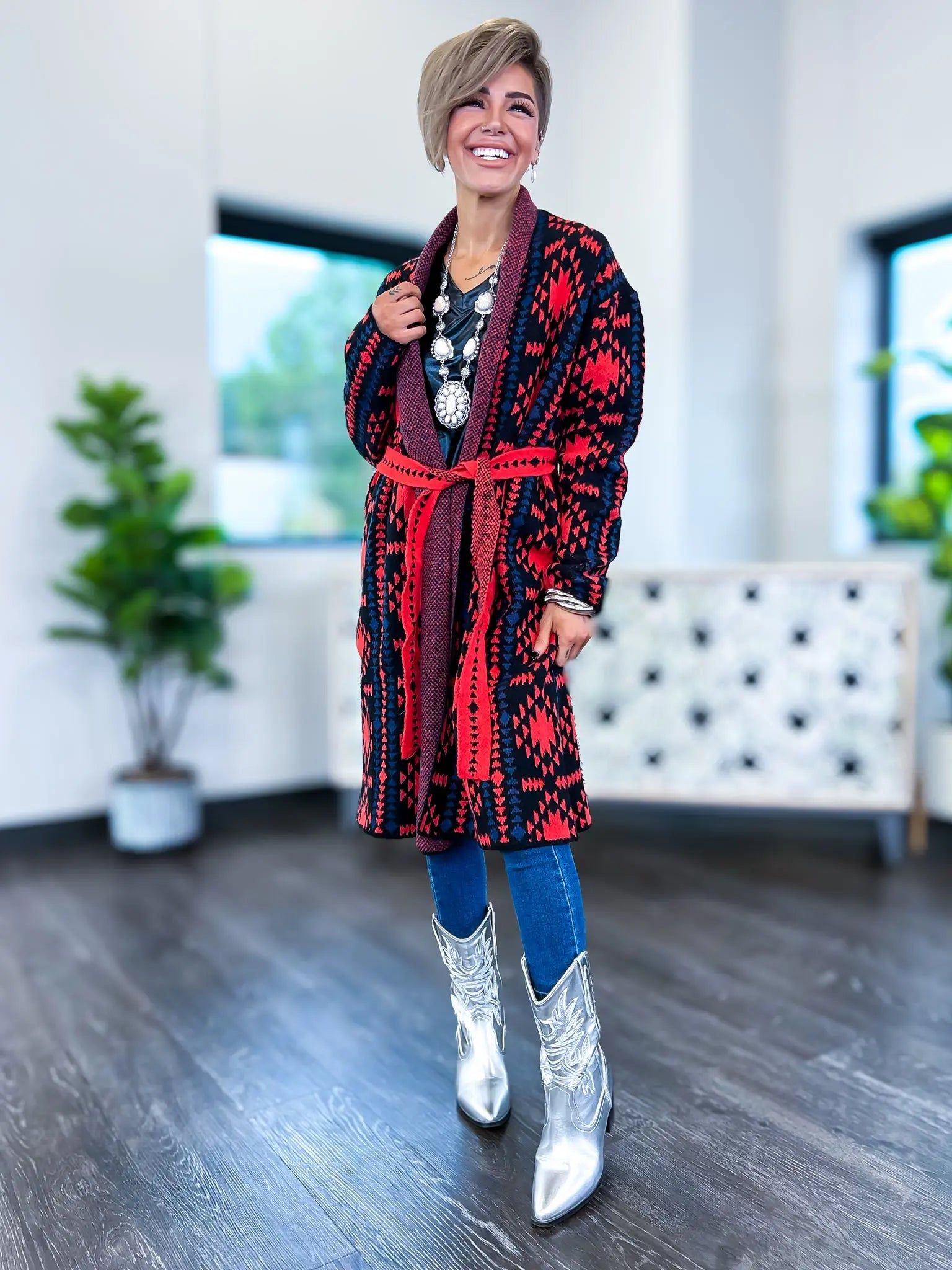 Aztec Belted Long Cardigan | Parallel