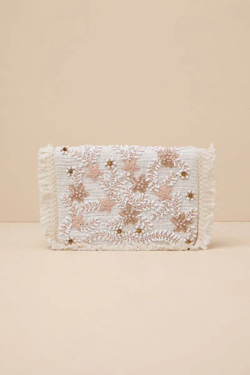 Sabriyya Cream Tweed Beaded Fringe Clutch | Parallel