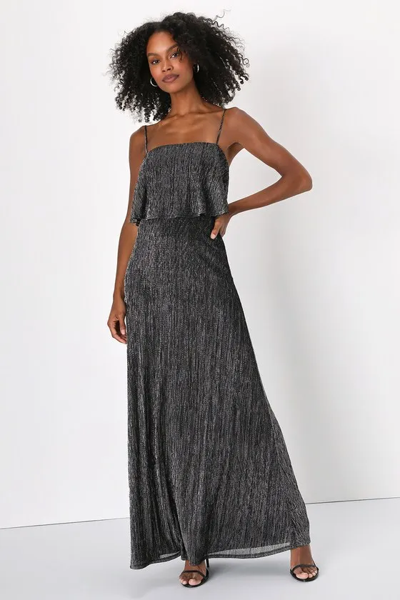 Elegant Shimmer Shiny Black and Silver Plisse Maxi Dress | Parallel
