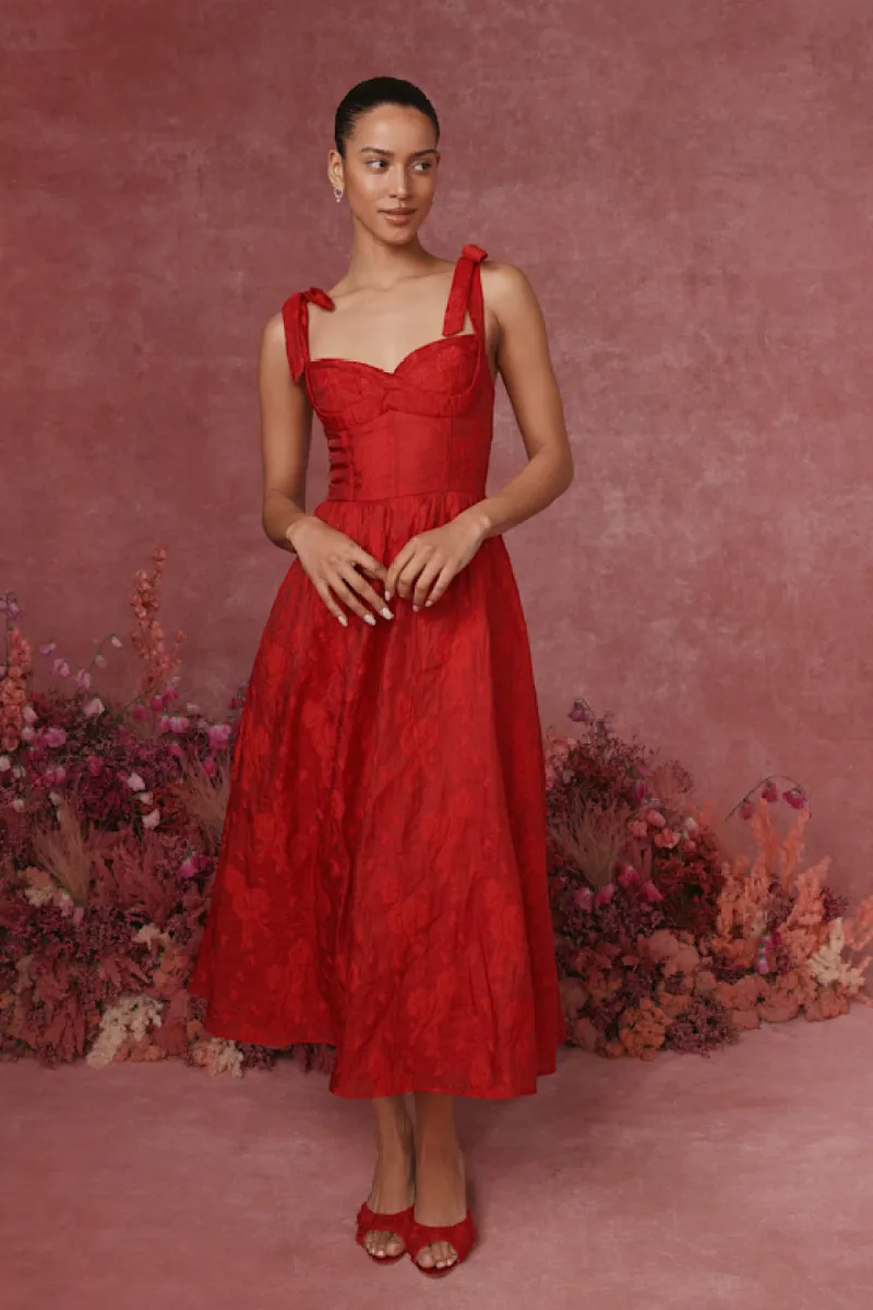 Loveliest Muse Red Burnout Floral Tie-Strap Midi Dress | Parallel