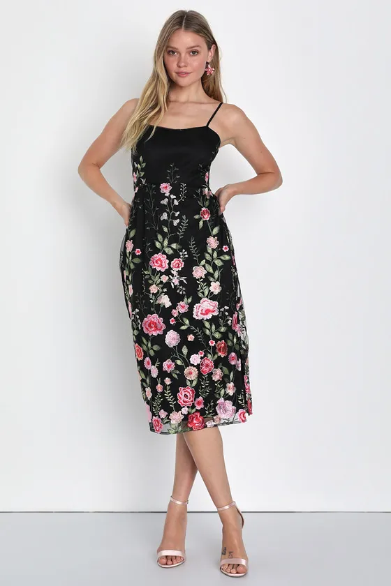 Blooming For Love Black Floral Embroidered Midi Dress | Parallel