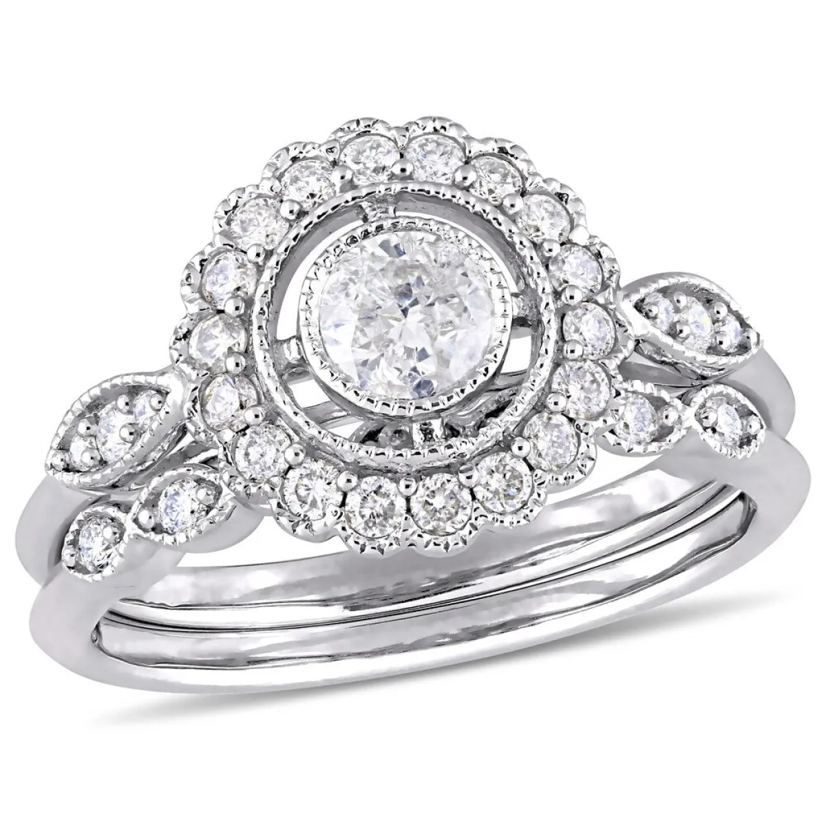 Miadora 10k White Gold 3/4ct TDW Diamond Halo Floral Bridal Ring Set ...