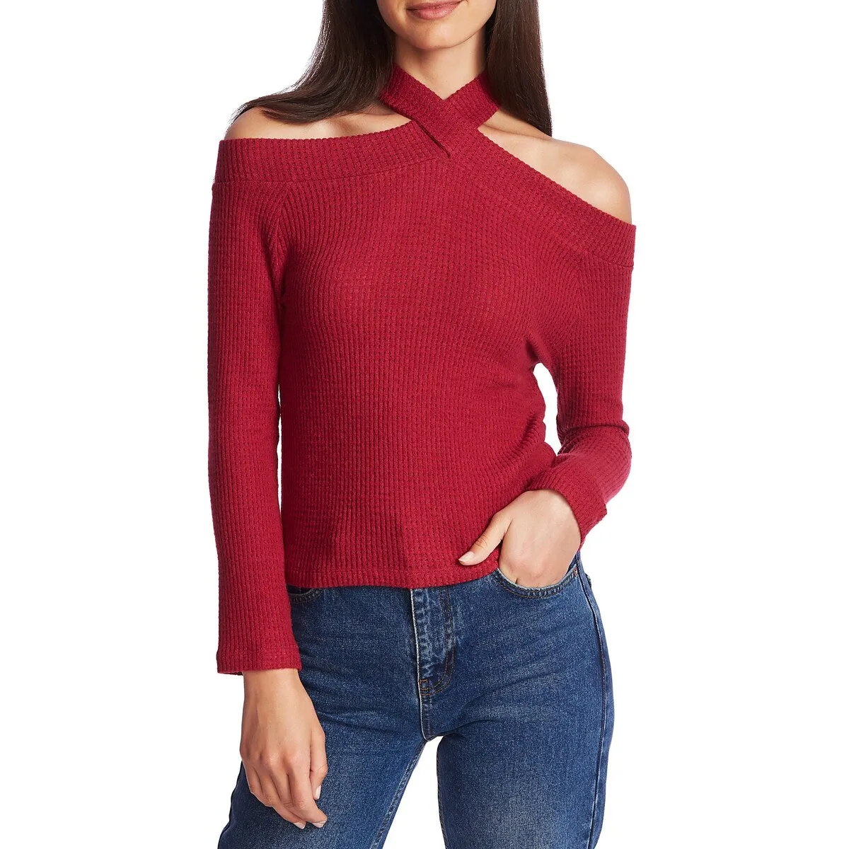 1.STATE Women's High Neck Cold Shoulder Top Red Size Large | Parallel