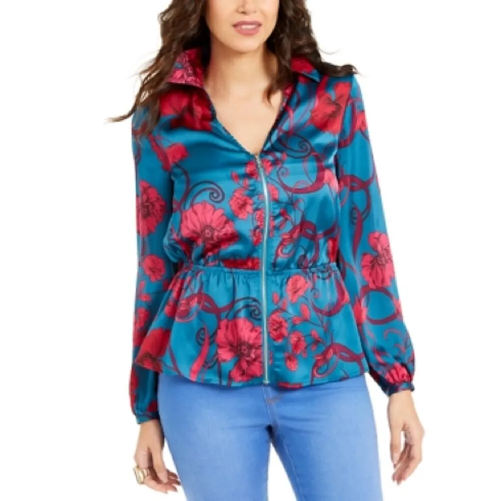 Thalia Sodi Women's Women S Printed Zip Peplum Top Green/Red Size X ...