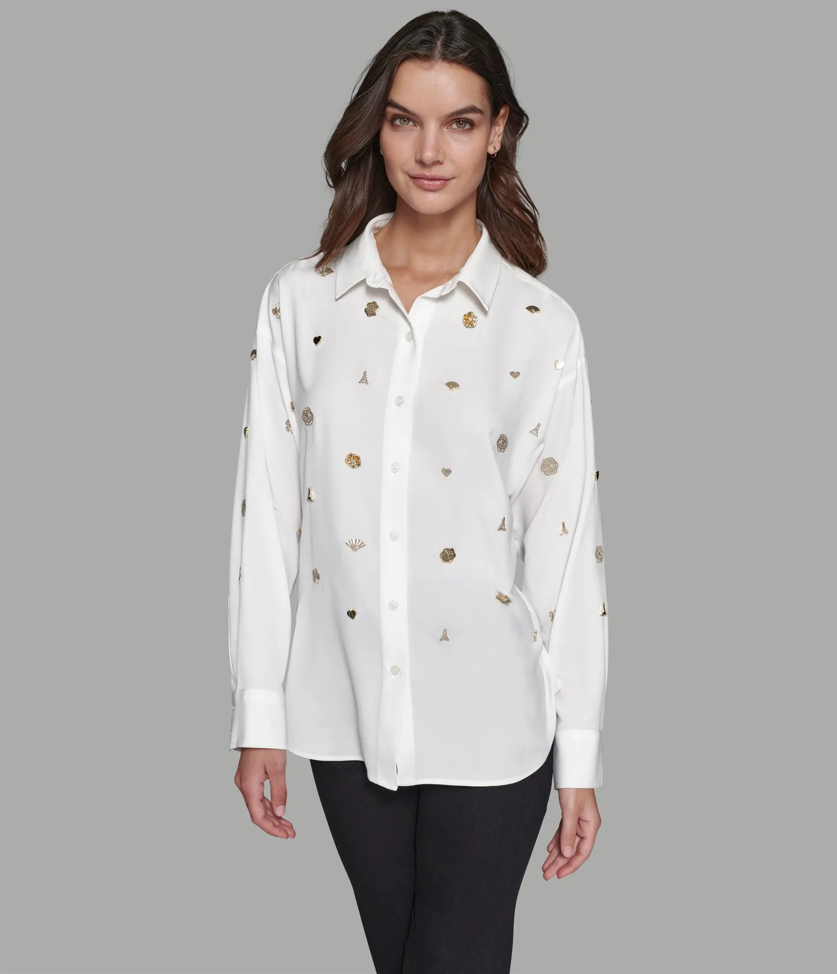 WHITE BUTTON FRONT BLOUSE WITH GOLD PINS | Parallel
