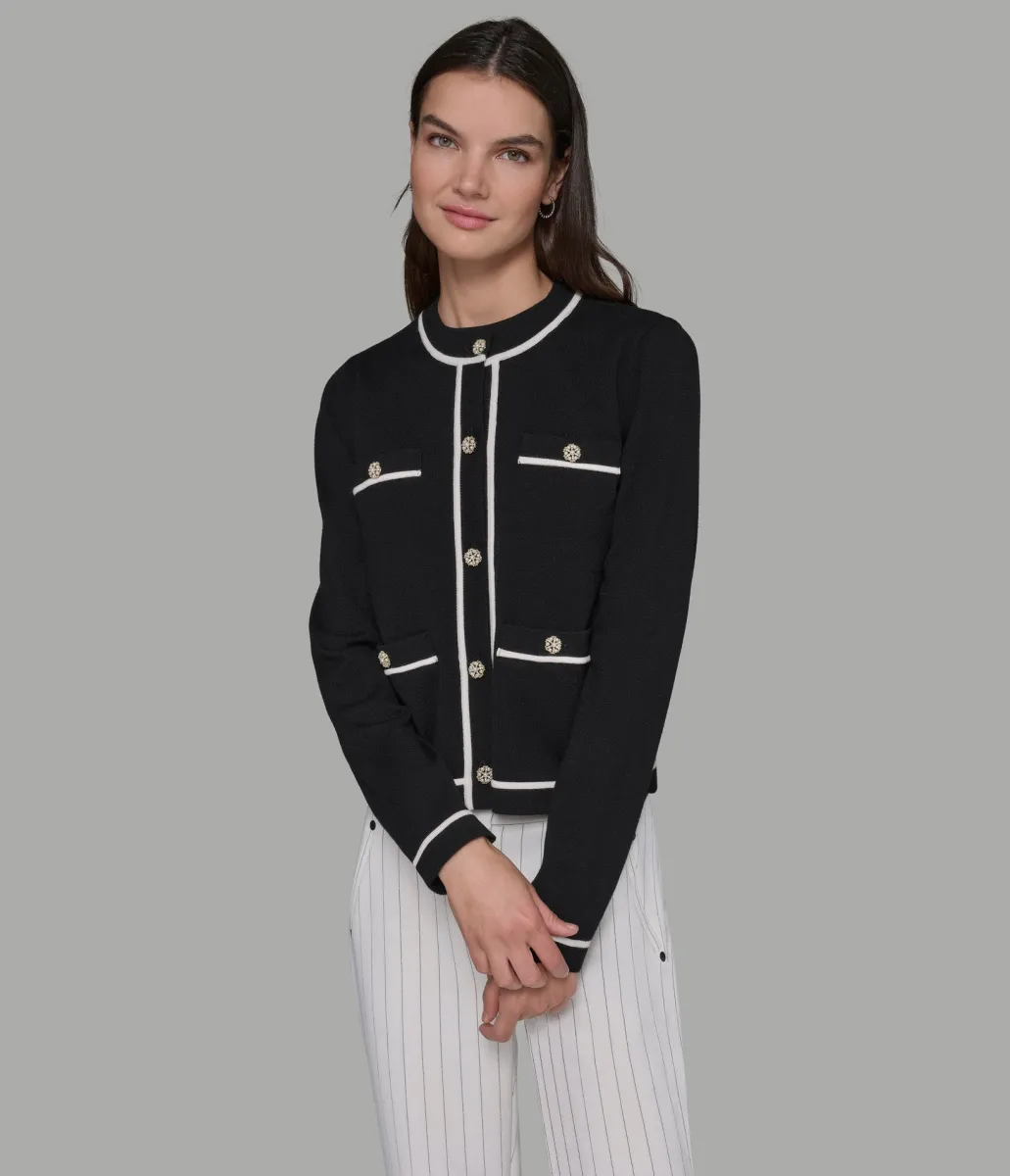 CROPPED CARDIGAN WITH CONTRAST PIPING | Parallel