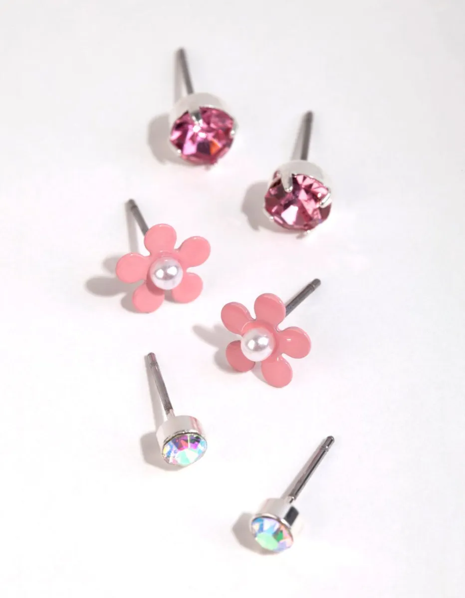 Silver Diamante & Flower Stud Earring Pack | Parallel