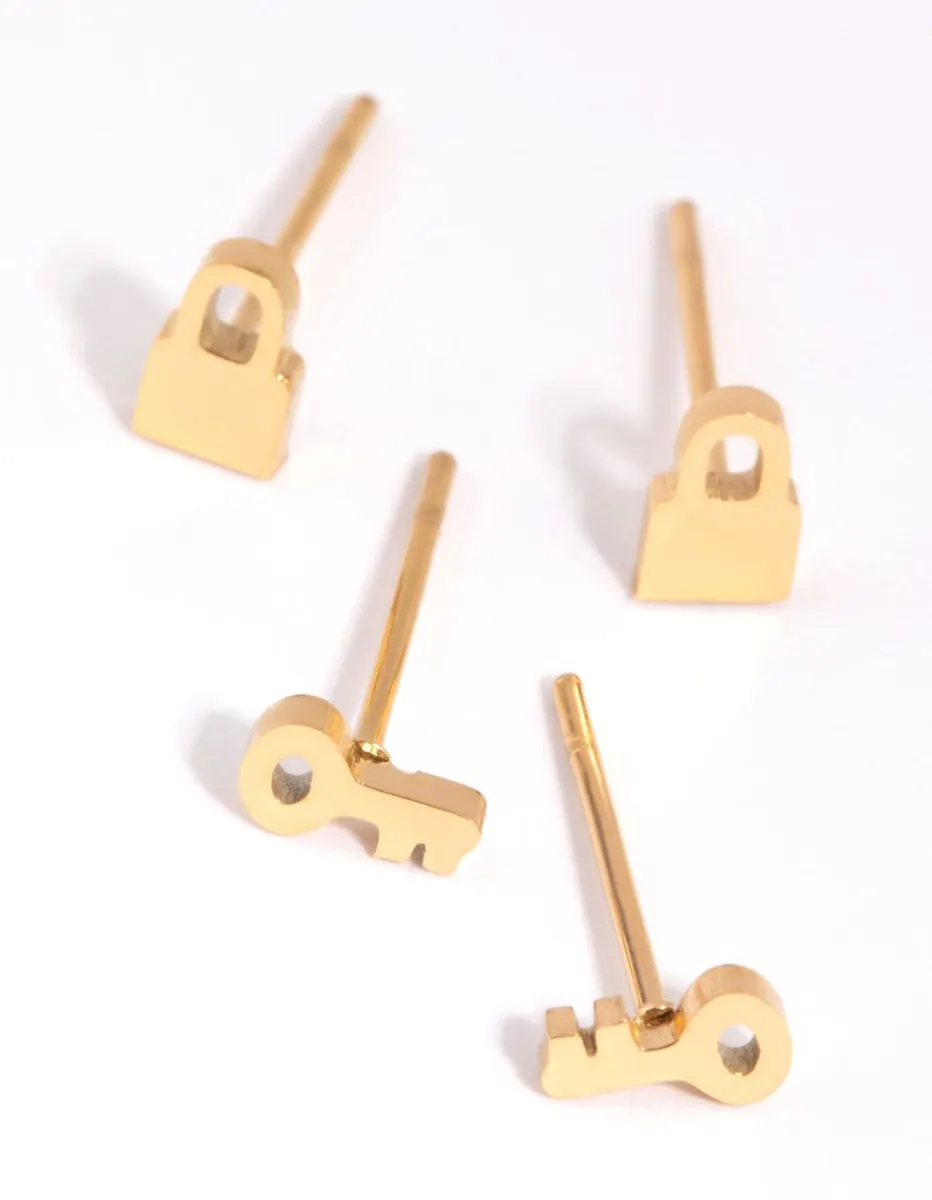 Gold Plated Surgical Steel Lock & Key Stud Earring Set | Parallel