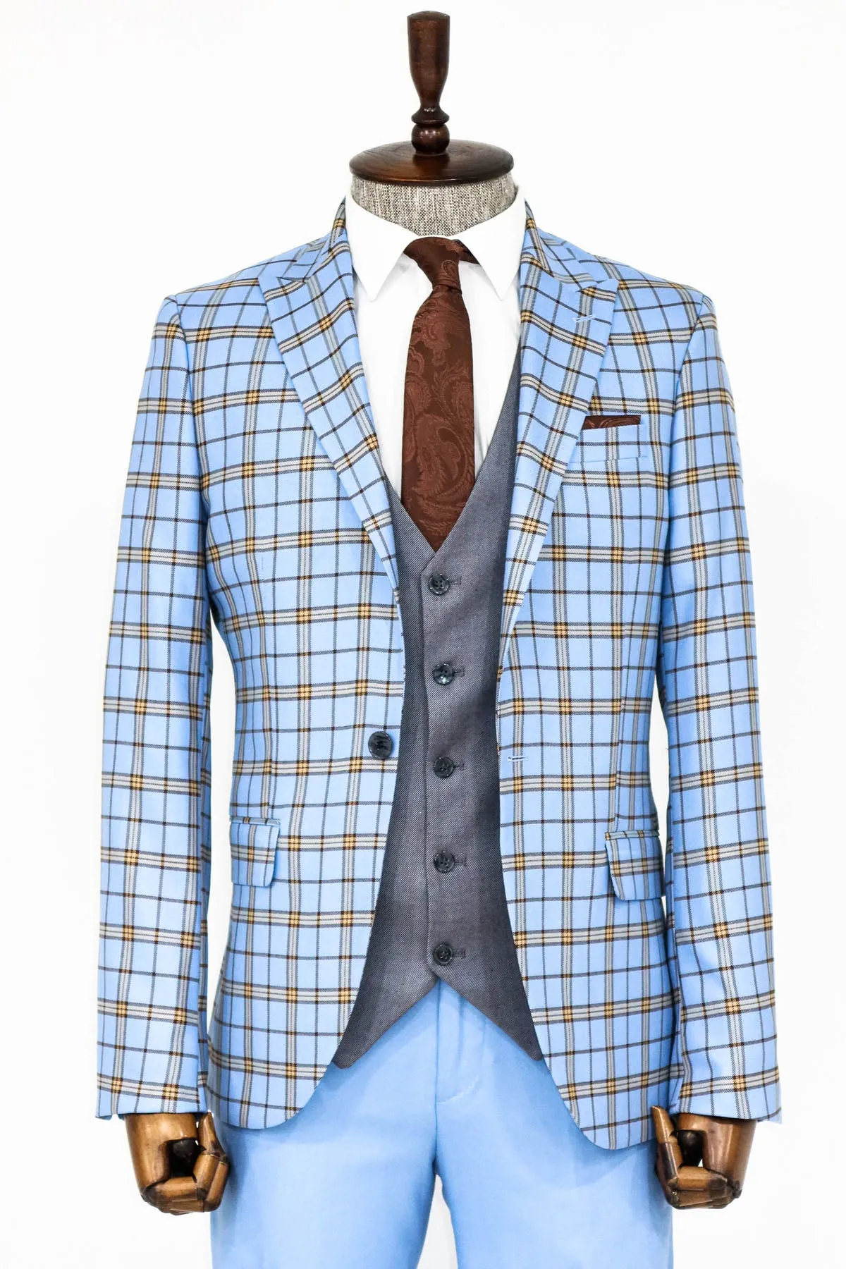 Grey Vested Slim Fit Checked Light Blue Men Suit and Shirt Combination ...