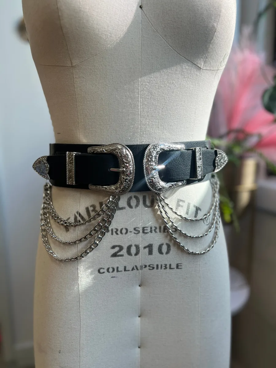 Silver Filigree Triple Chain Elastic Belt with Oversized Buckle Detail ...
