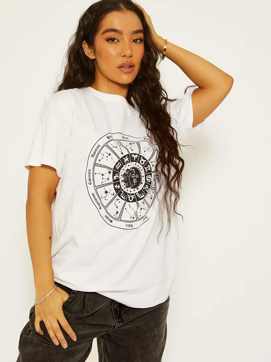 Yonnie Zodiac Circle Graphic Printed T-Shirt In White | Parallel