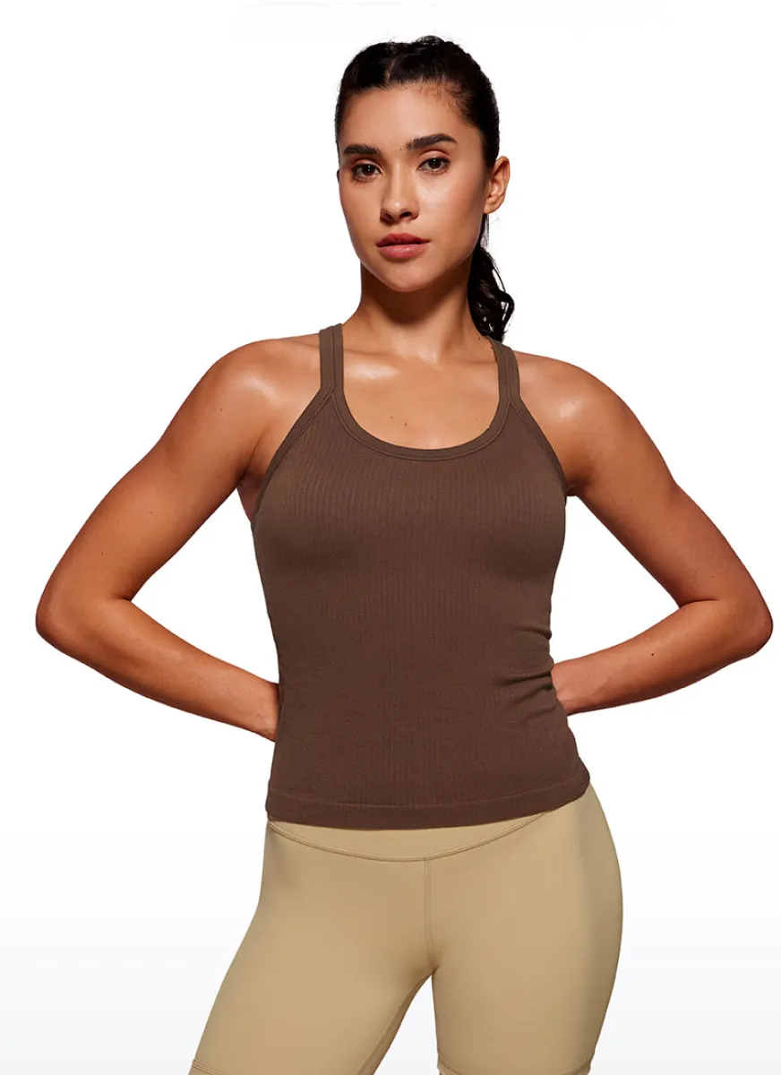Seamless Ribbed Waist Length Racerback Built in Bra Tanks | Parallel