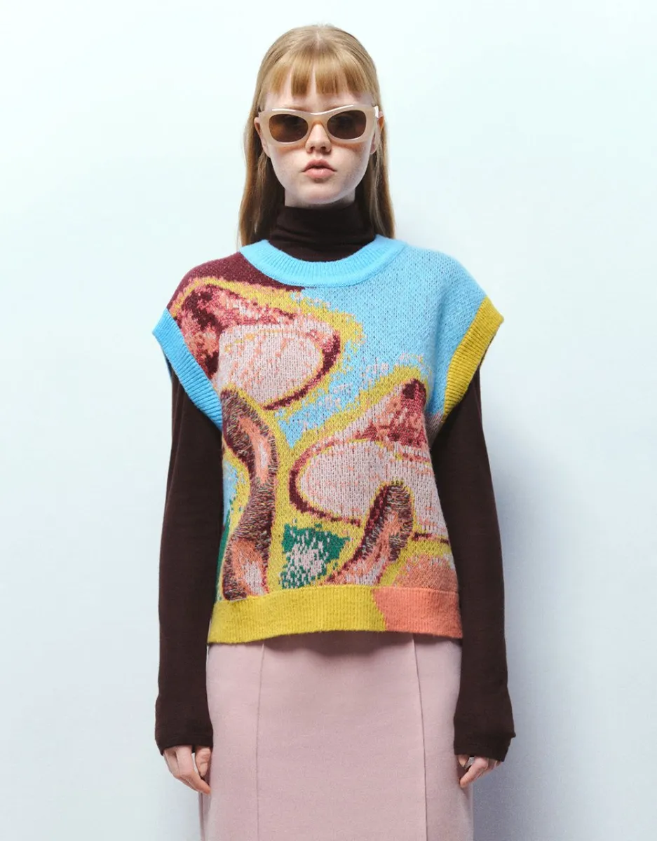 Printed Crew Neck Knitted Vest | Parallel