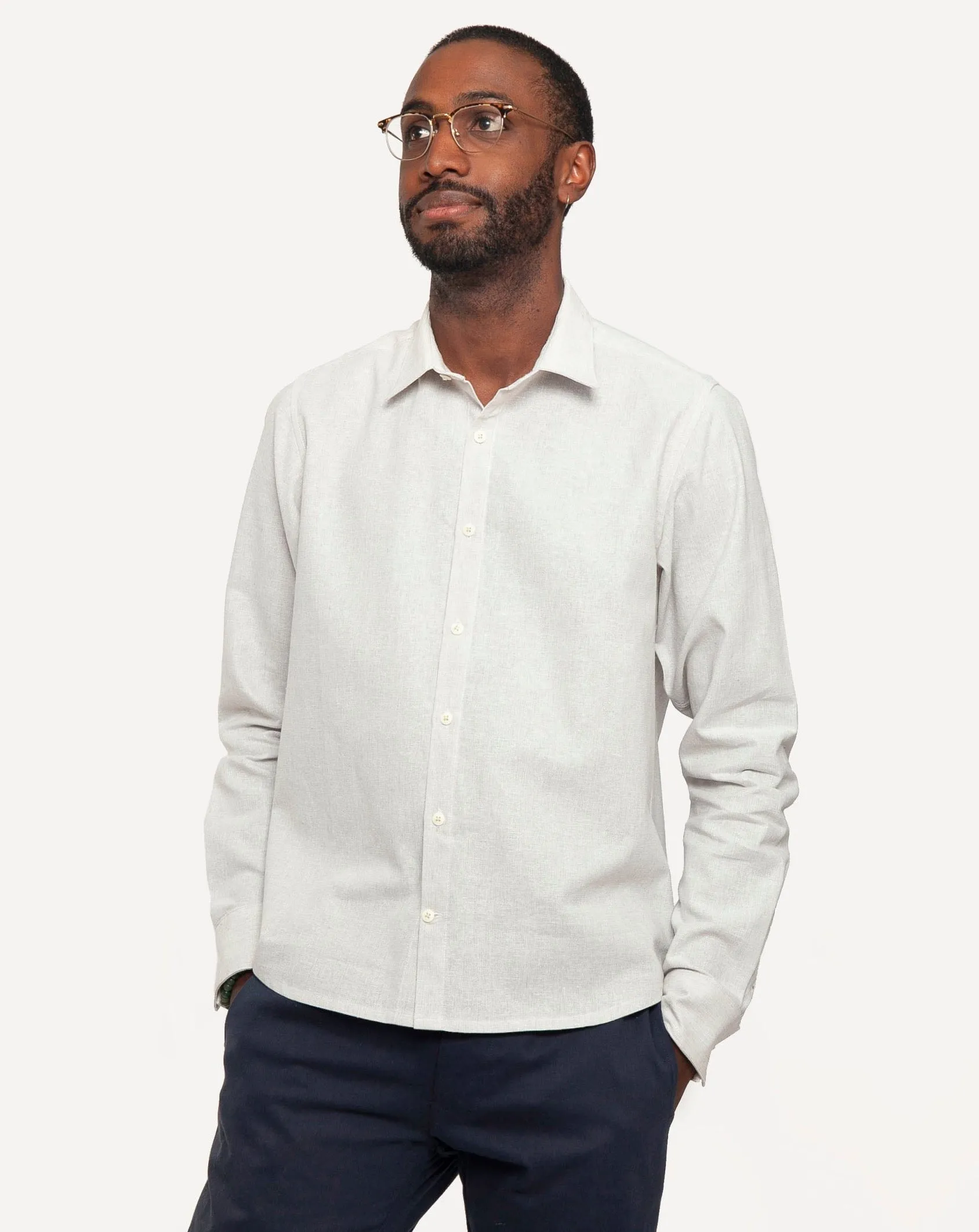 Long Sleeve Dylan Shirt | White Linen Hatches | Parallel
