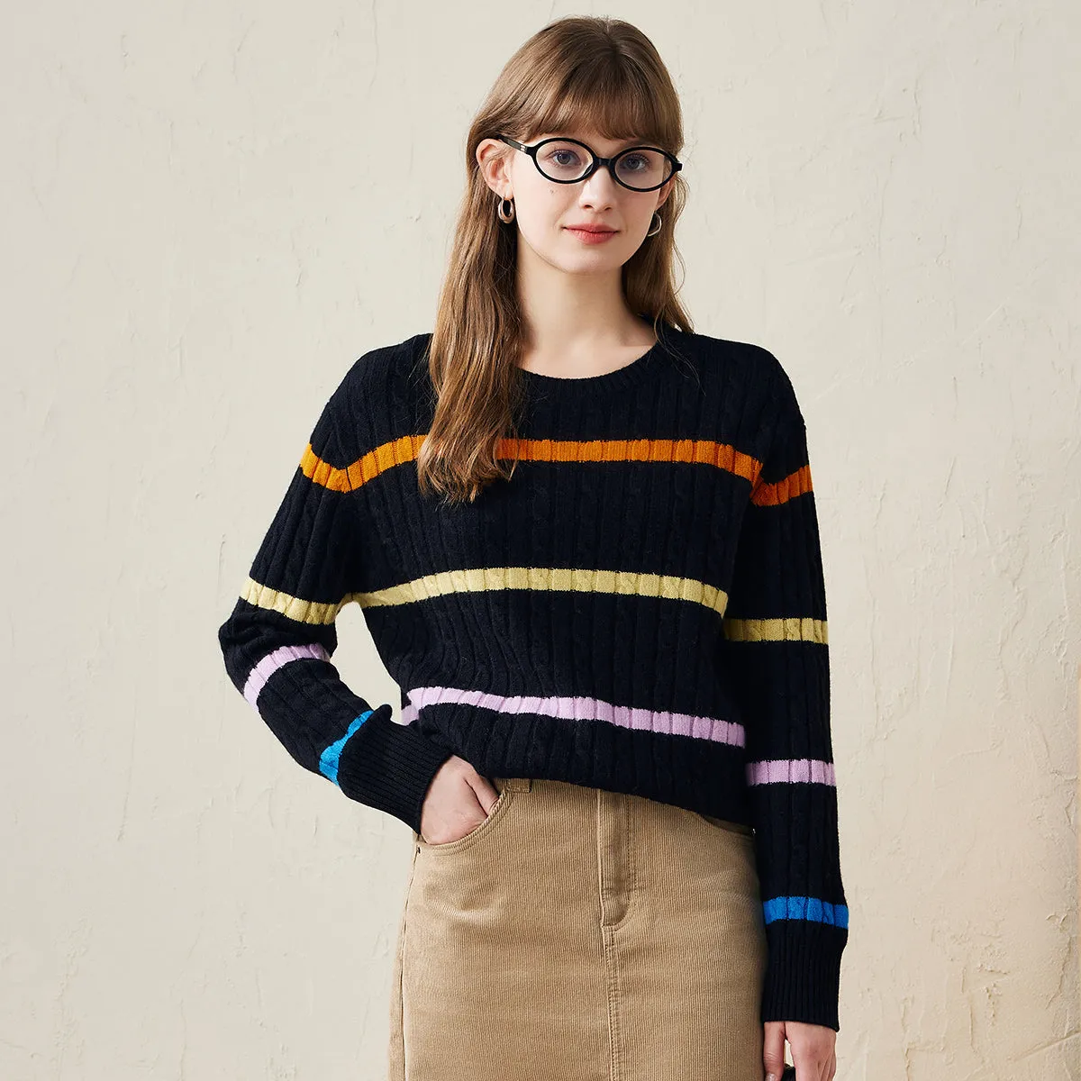 100% Wool Colorful Striped Cable Knit Sweater | Parallel