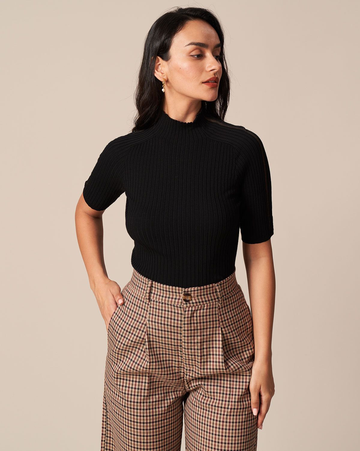 The Black Mock Neck Spliced Mesh Knit Top | Parallel