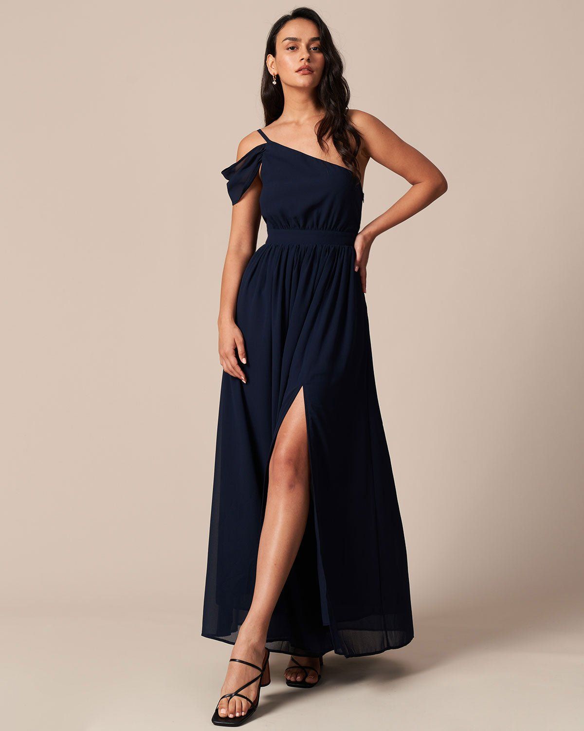 The Navy One Shoulder Ruched Maxi Dress | Parallel