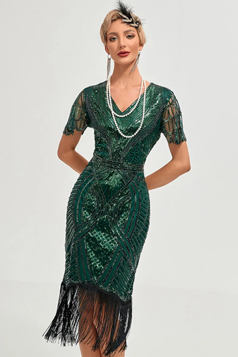 Sparkly Dark Green Beaded Fringed Cap Sleeves 1920s Gatsby Dress | Parallel