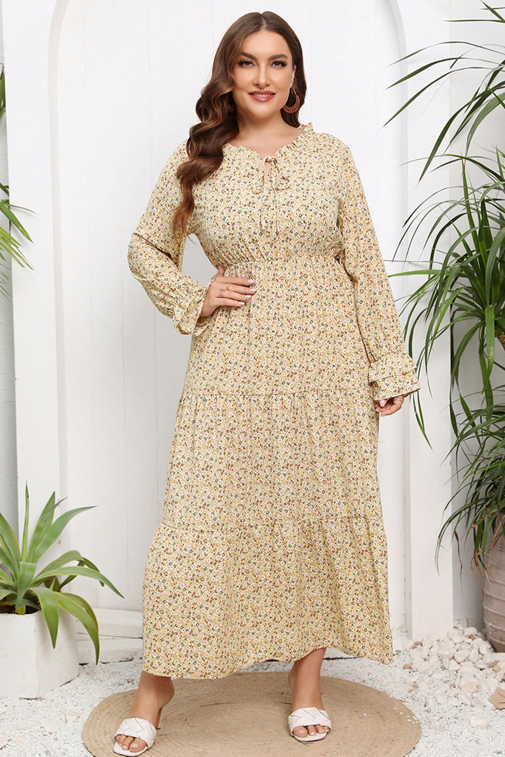 Plus Size Beige Tiny Floral Long Sleeves Boho Summer Dress | Parallel
