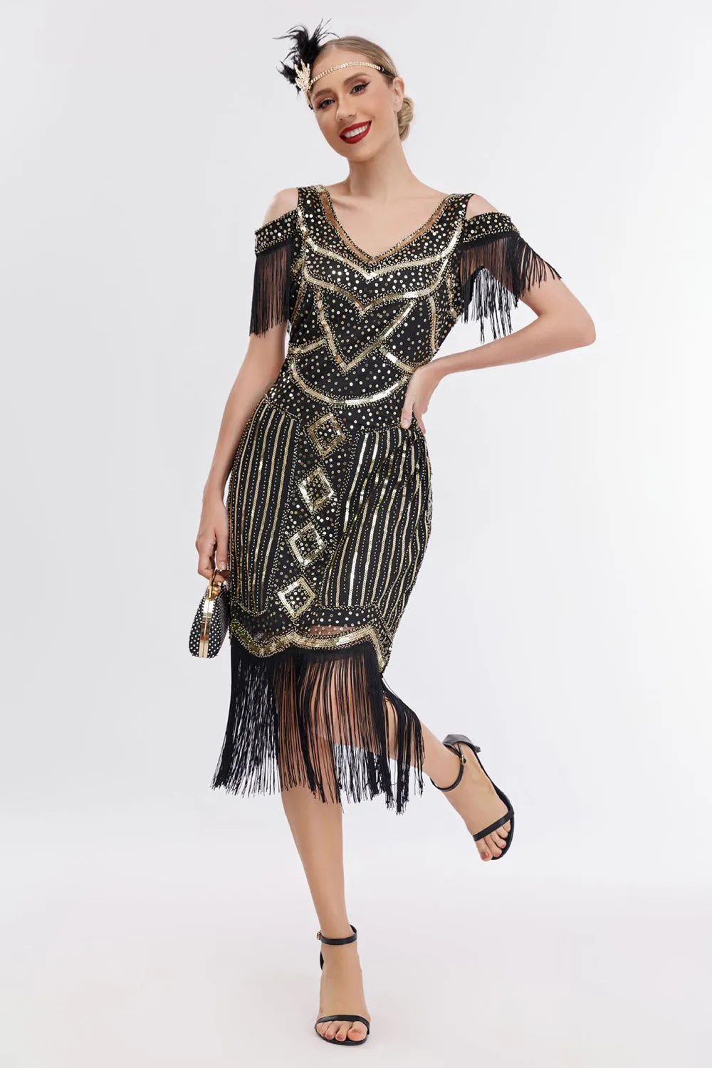 Black Golden Cold Shoulder Fringes 1920s Gatsby Dress | Parallel