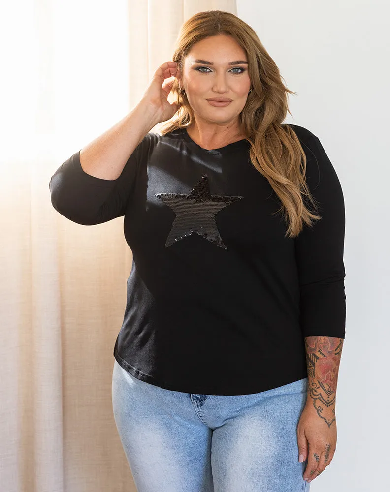 Star Sequin 3/4 Tee - Black | Parallel