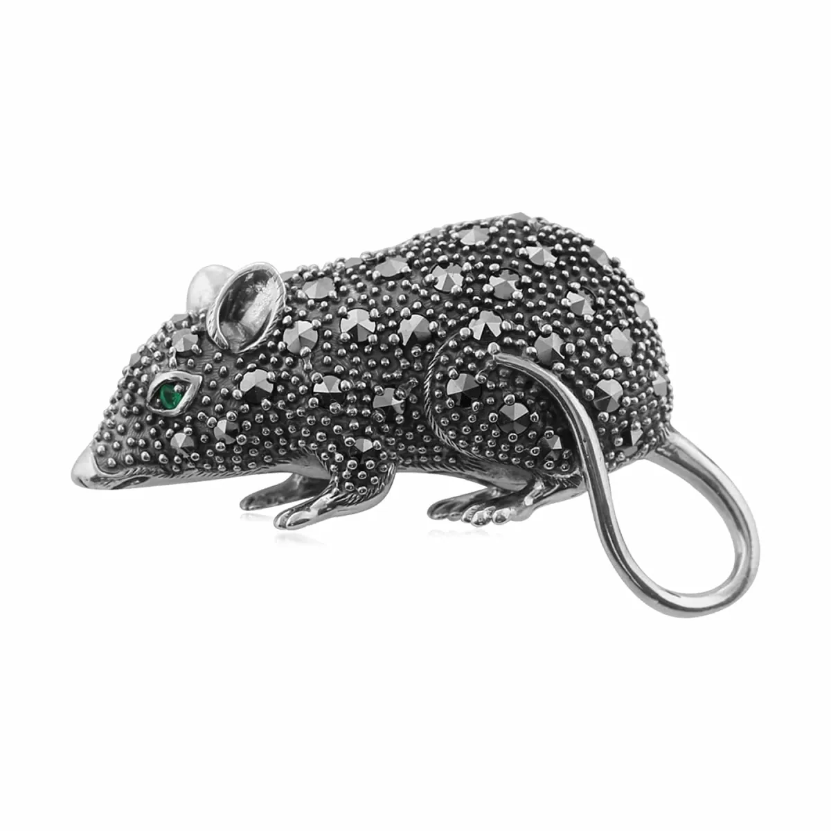 Marcasite & Emerald Mouse Brooch in 925 Sterling Silver | Parallel