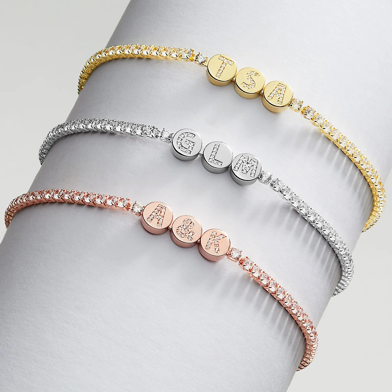 Pave CZ Initials Slider Charm Station CZ Tennis Bracelet | Parallel