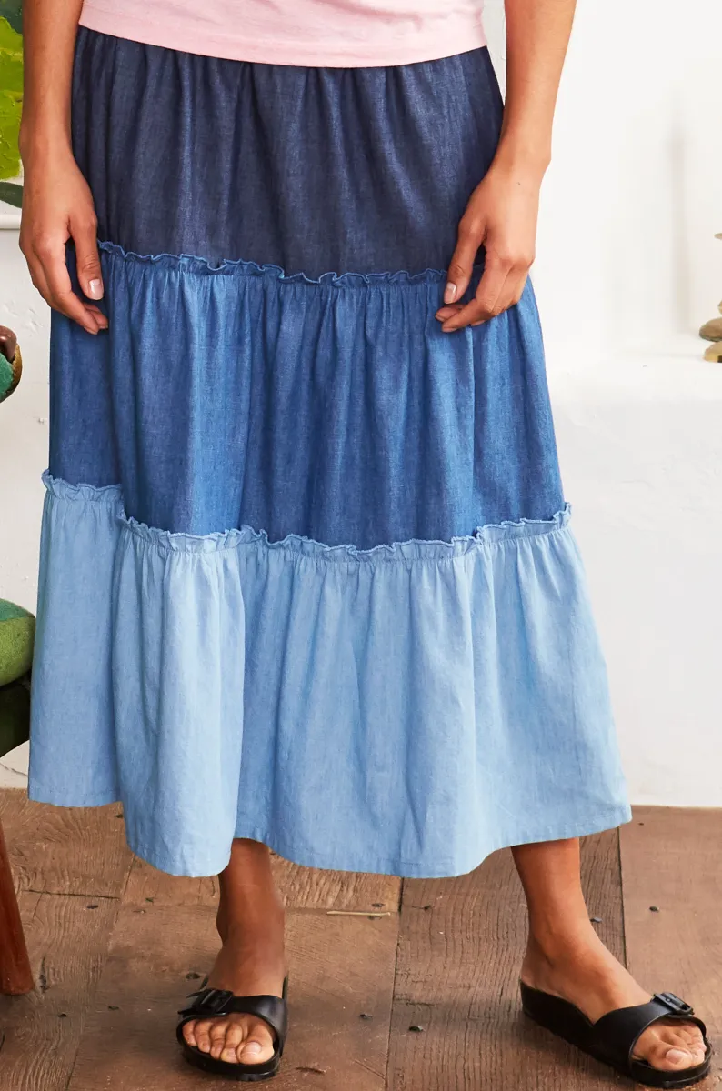 Chambray Colour Blocked Tiered Skirt | Parallel