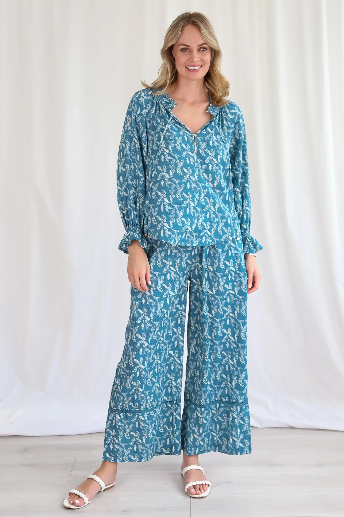 Sable Pants - Bamboo Cotton Wide Leg Pants with Splicing Detail in Blue ...