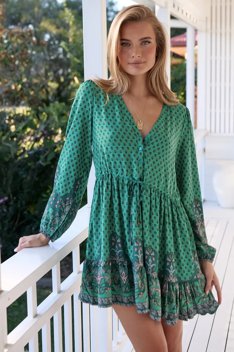 JAASE - Sky Mini Dress: V Neck Long Sleeve A Line Dress with Waist Tie ...