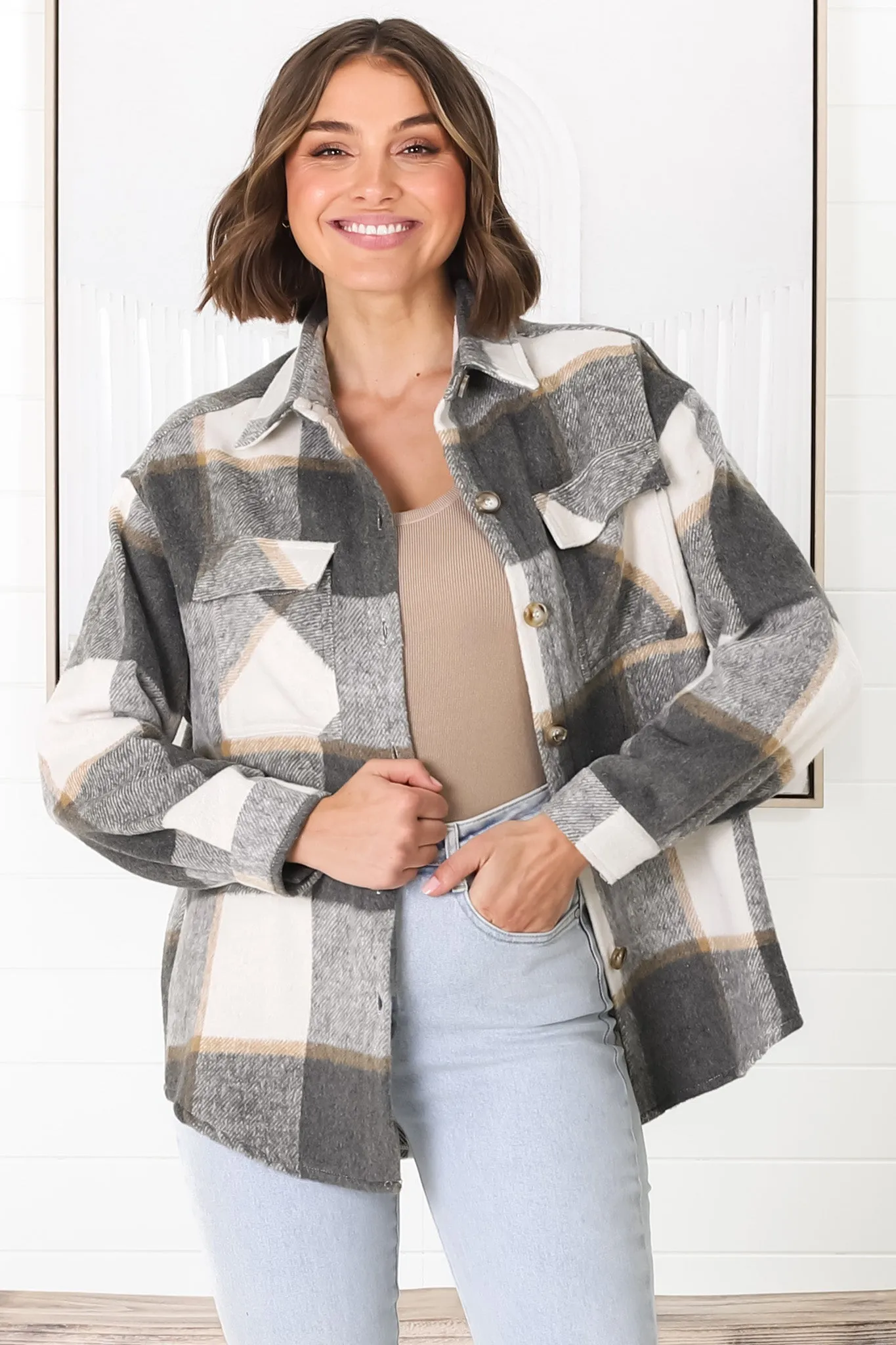 Balta Shacket - Button Up Plaid Shacket in Grey | Parallel