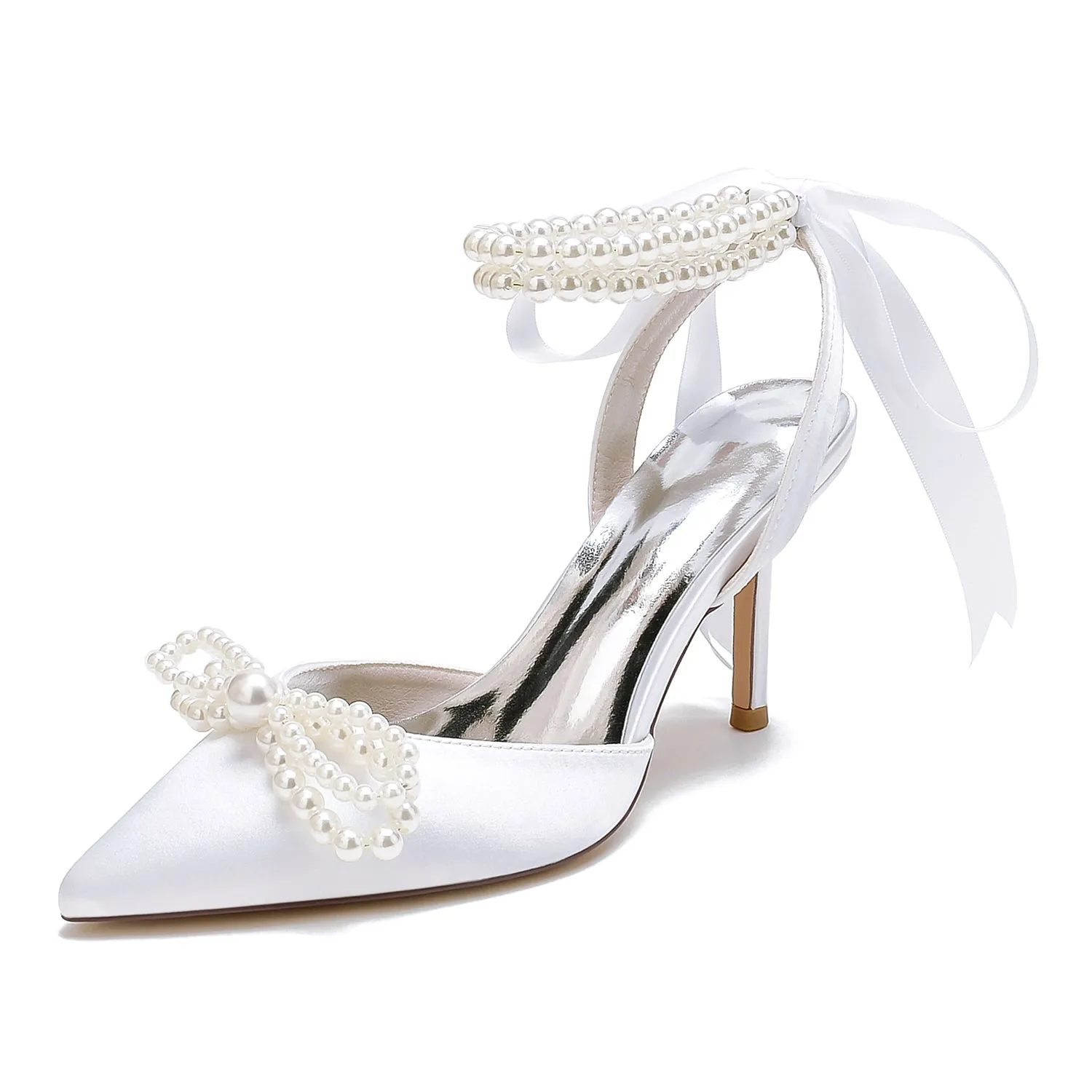 Women's Silk Satin With Ankle Strap Lace-up Pearl Closed Toe Stiletto ...