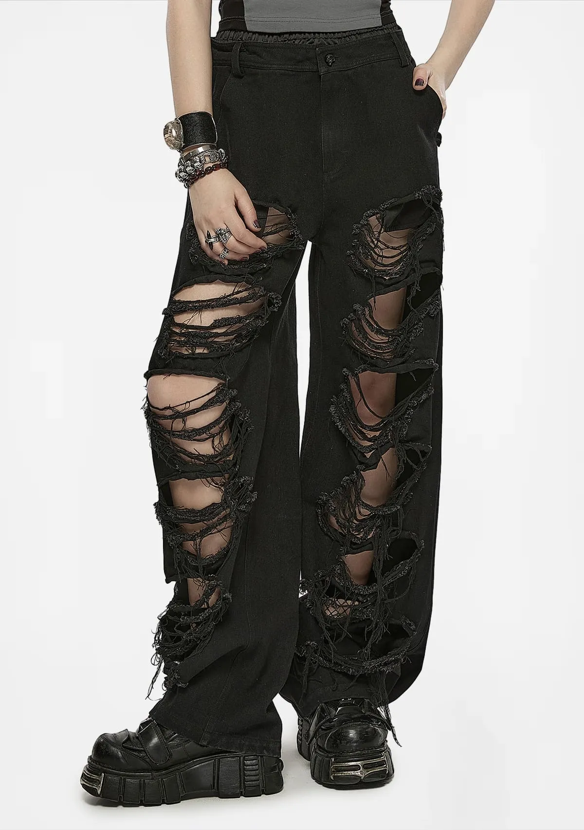 Punk Dark Elastic Waist Hole Denim Pants | Parallel