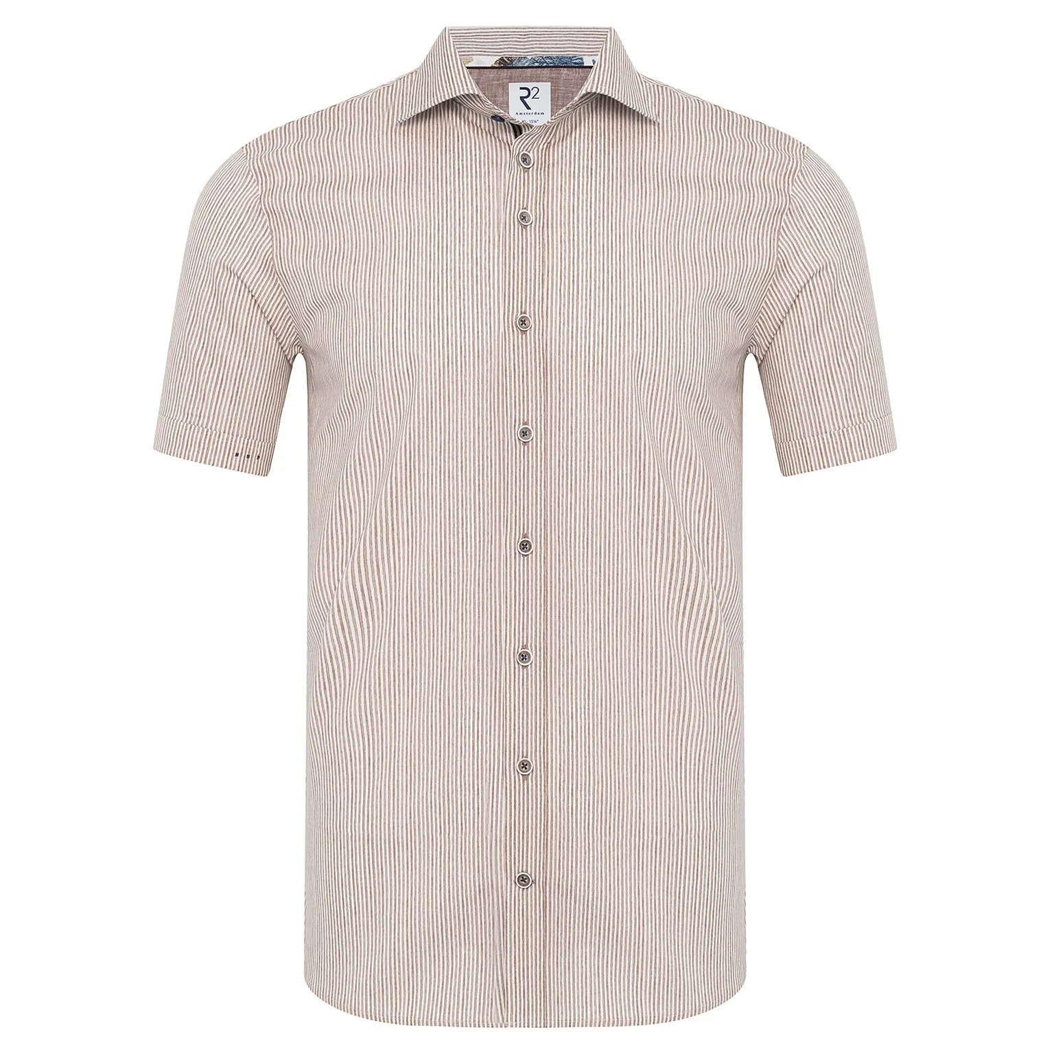 R2 Amsterdam Brown/White Stripped Stretch Short Sleeve Button Up Shirt ...