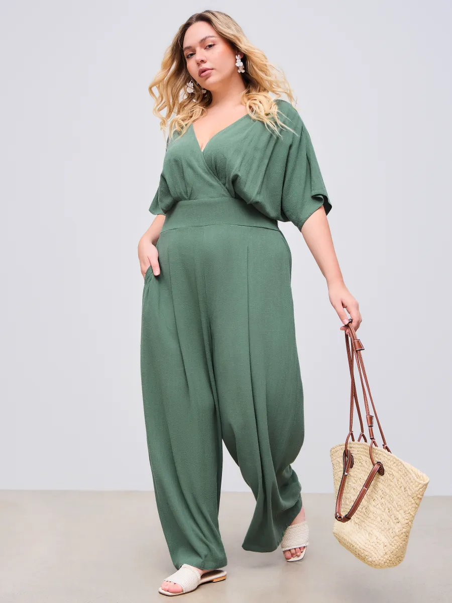 Linen-blend V-neck Solid Corset Pocket Jumpsuit Curve & Plus | Parallel