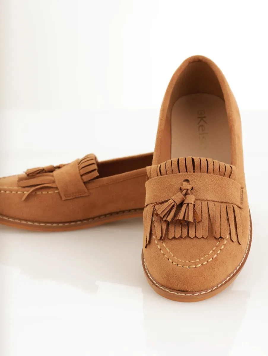 Ladies Loafer With Fringe And Tassel Trim - Tan | Parallel