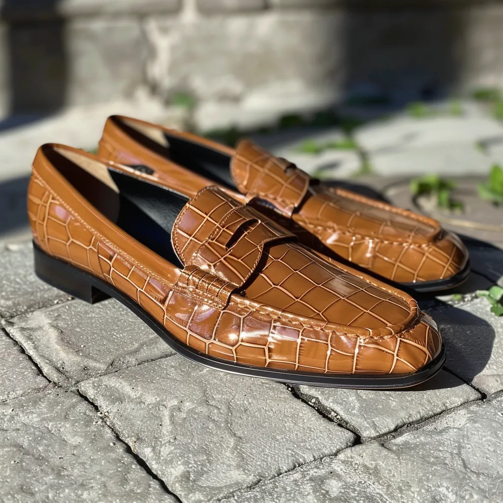 Tan Croc Print Leather Efisio Loafers | Parallel