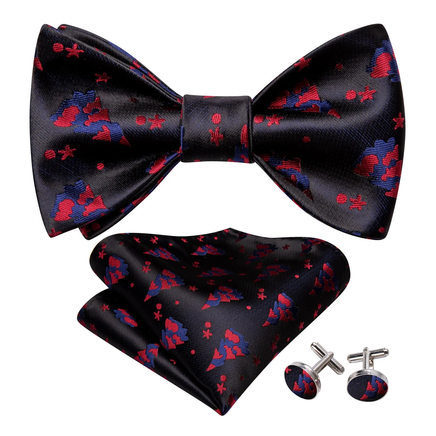 Barry Wang Christmas Black Red Tree Silk Bow Tie Hanky Cufflinks Set | Parallel