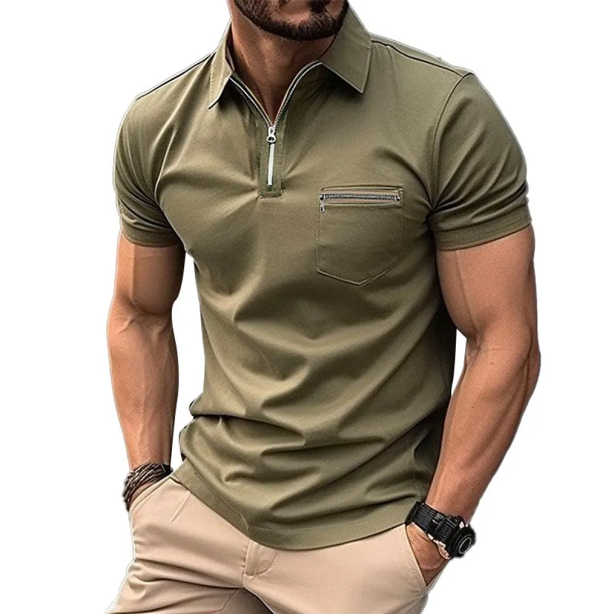 Men's Casual Solid Color Zipper Chest Pocket POLO Shirt 88005844Y ...