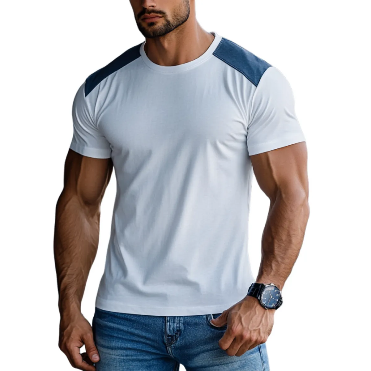 Men's Casual Cotton Colorblock Patchwork Round Neck Slim Short Sleeve T ...
