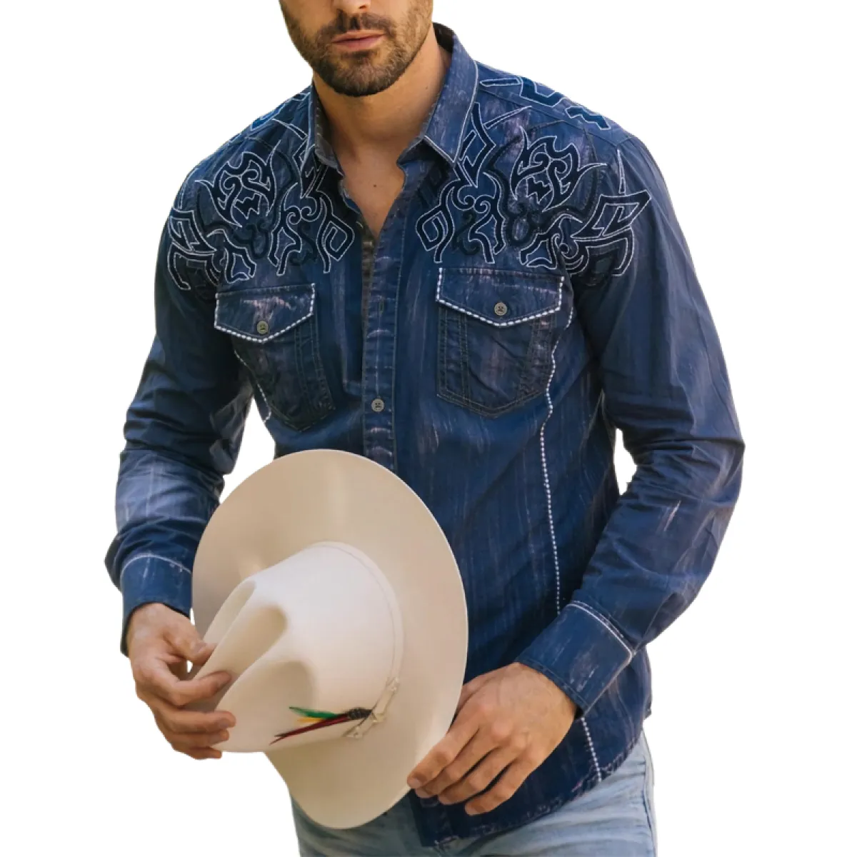 Men's Vintage Western Cowboy Embroidered Denim Long Sleeve Shirt ...