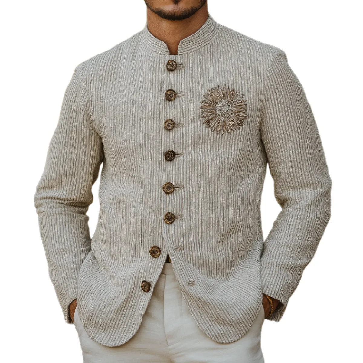 Men's Casual Comfortable Ribbed Embroidered Stand Collar Single ...
