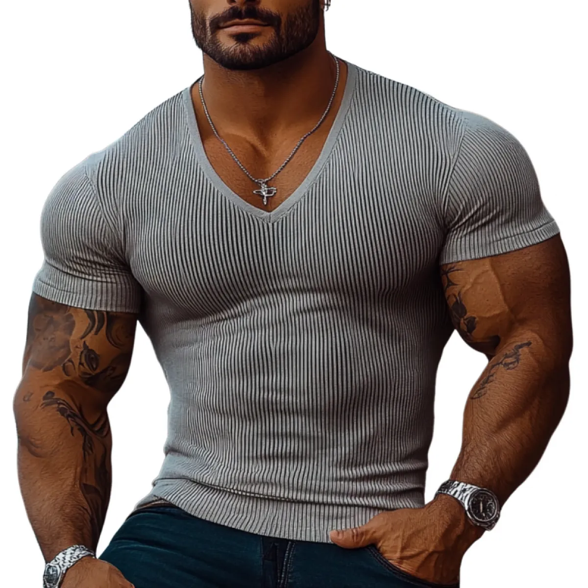 Men's Casual Rib Stripe V-neck Tight Short Sleeve T-shirt 17027891M ...