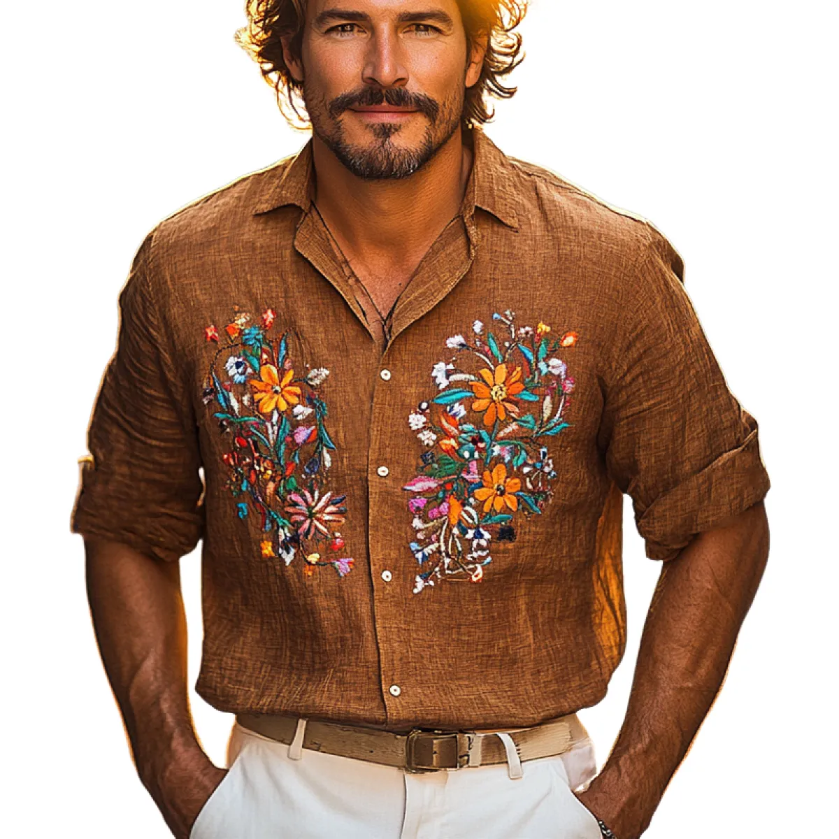 Men's Vintage Cotton and Linen Embroidered Casual Long Sleeve Shirt ...