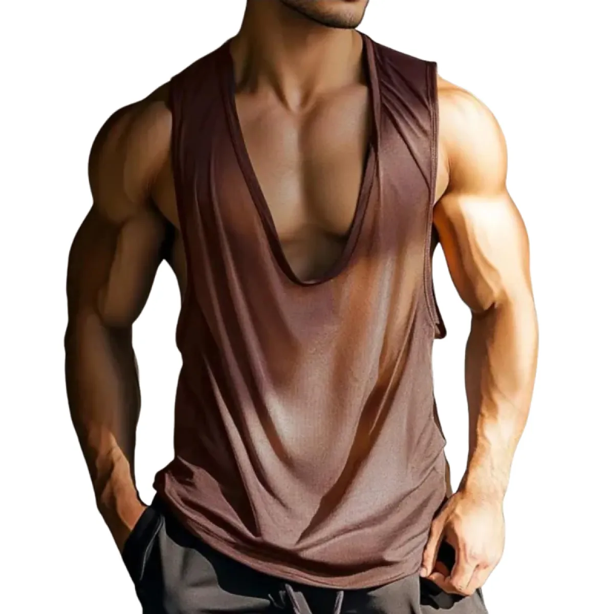 Men's Casual Cotton Blend Deep U Neck Draped Loose Tank Top MTA1442E5M ...