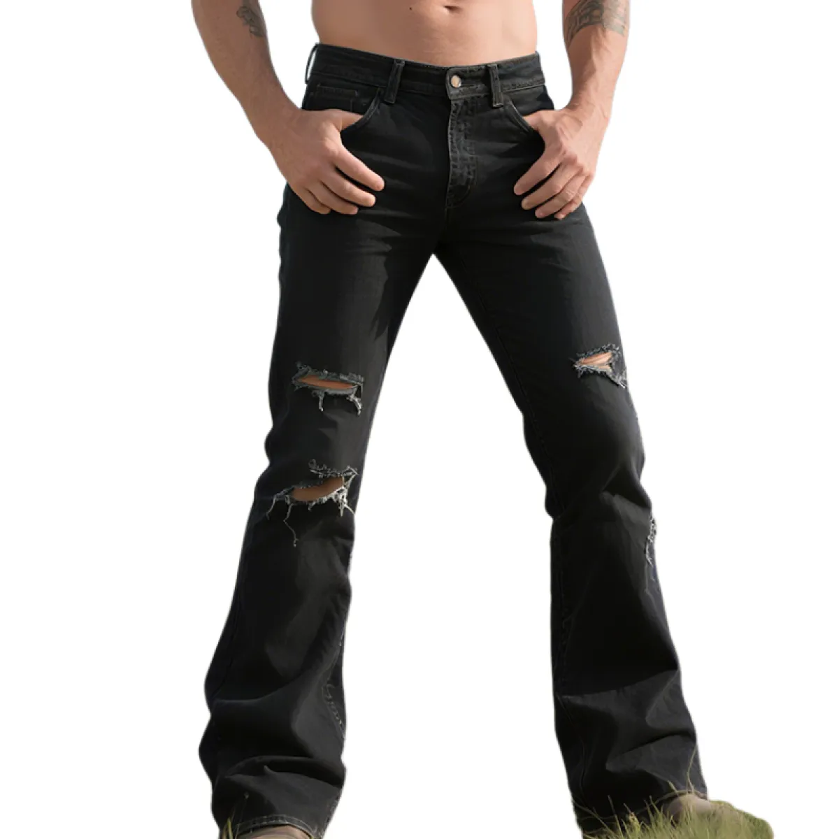 Men's Retro Western Cowboy Style Casual Denim Washed Ripped Trousers ...