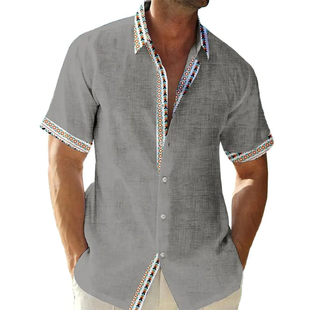 Men's Casual Color Contrast Lapel Cotton Linen Short Sleeve Shirt 78416506M | Parallel